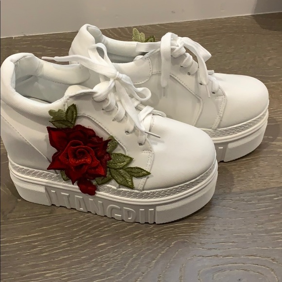 Shoes | White Rose Embroidered Platform Sneakers | Poshmark